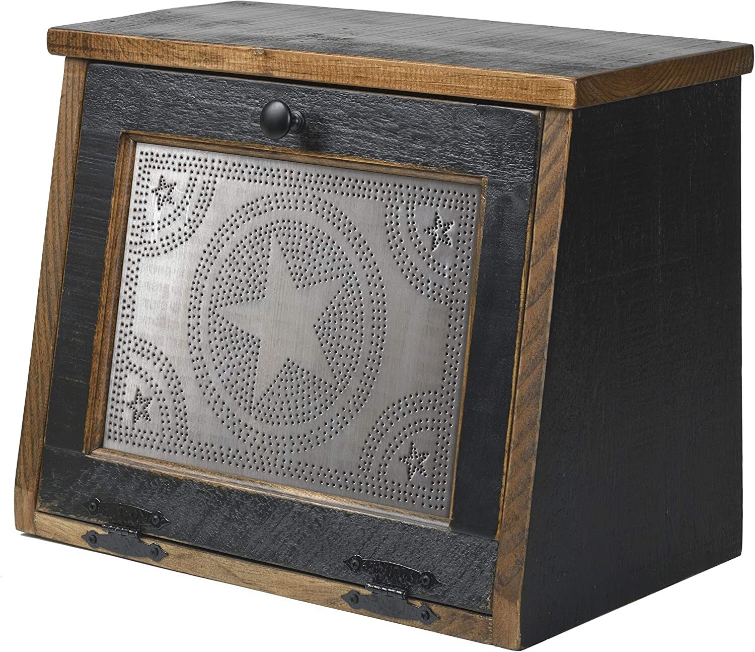 Rustic Wood Bread Box Large Kitchen Counter Storage Punched Star Tin ...