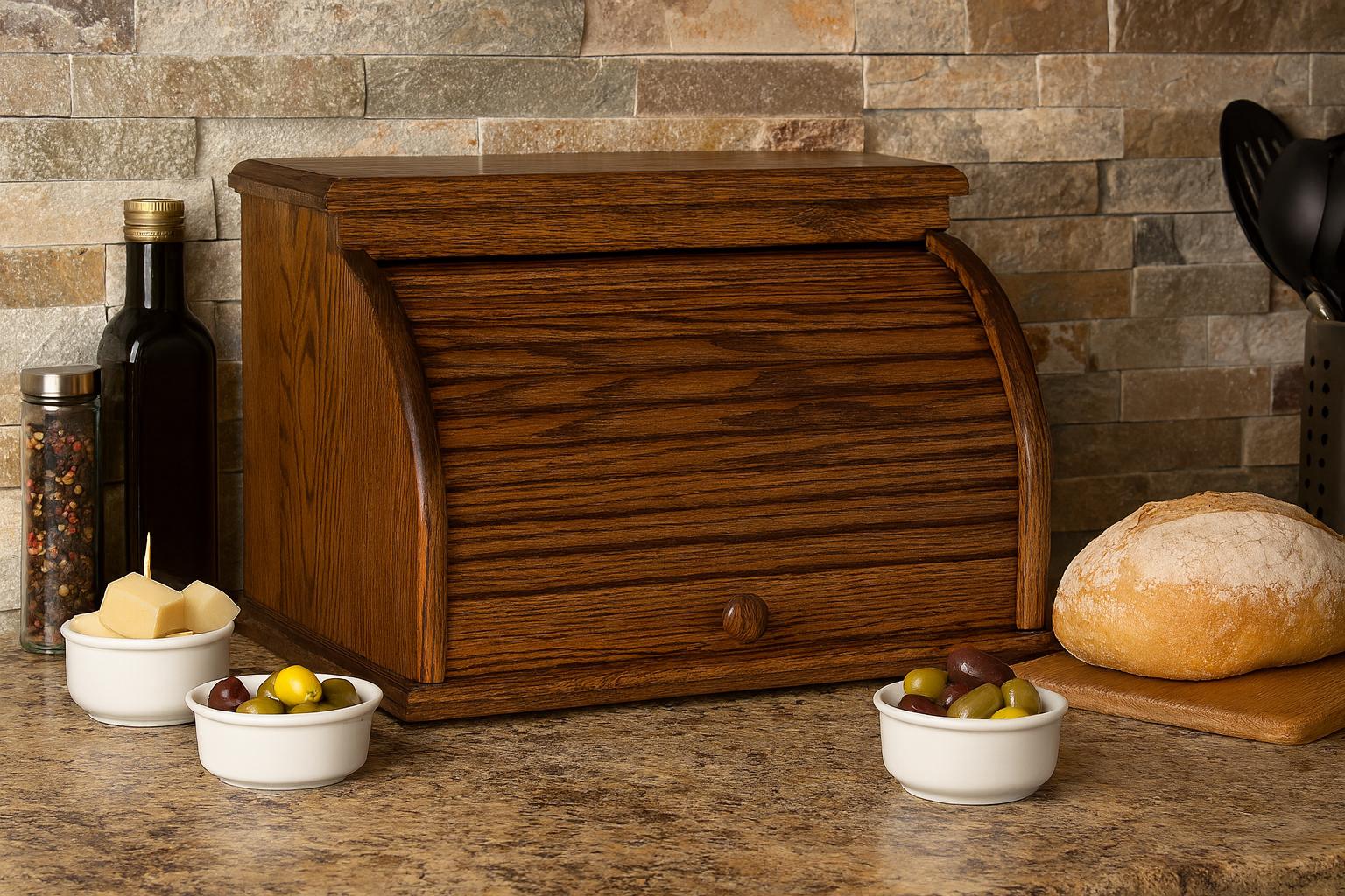 Bread Box Roll Top Amish Handcrafted Storage Solid Oak Deep Rich Finish ...