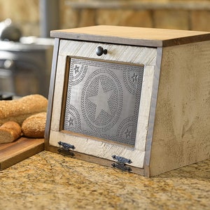 Rustic Wood Bread Box Large Kitchen Counter Storage Punched Star Tin ...