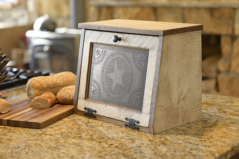 Rustic Wood Bread Box Large Kitchen Counter Storage Punched Star Tin ...