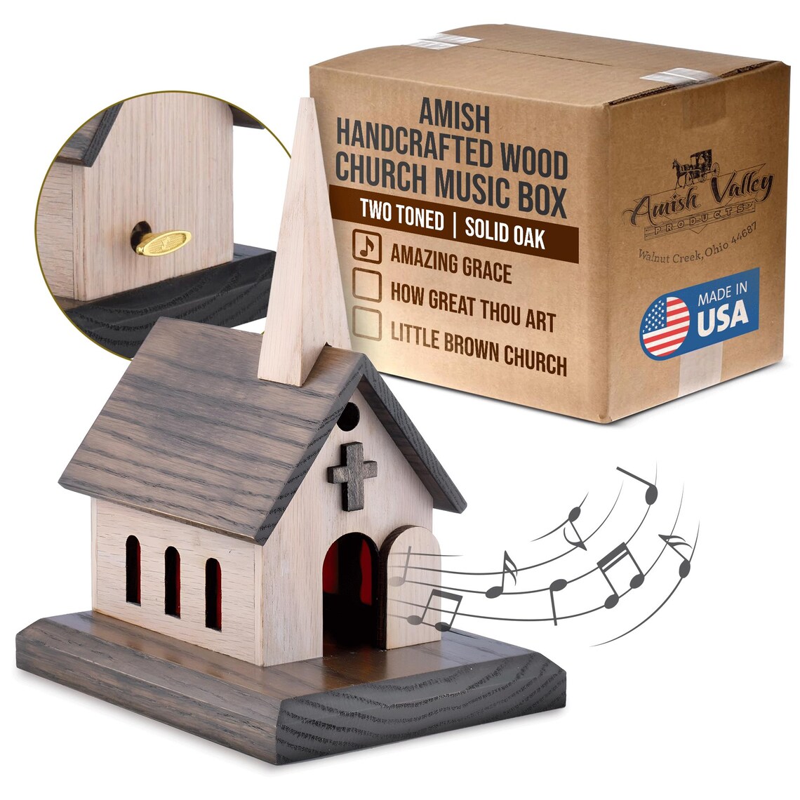 Amish Handcrafted Wood Church Music Box Solid Oak, Two-toned Wood ...