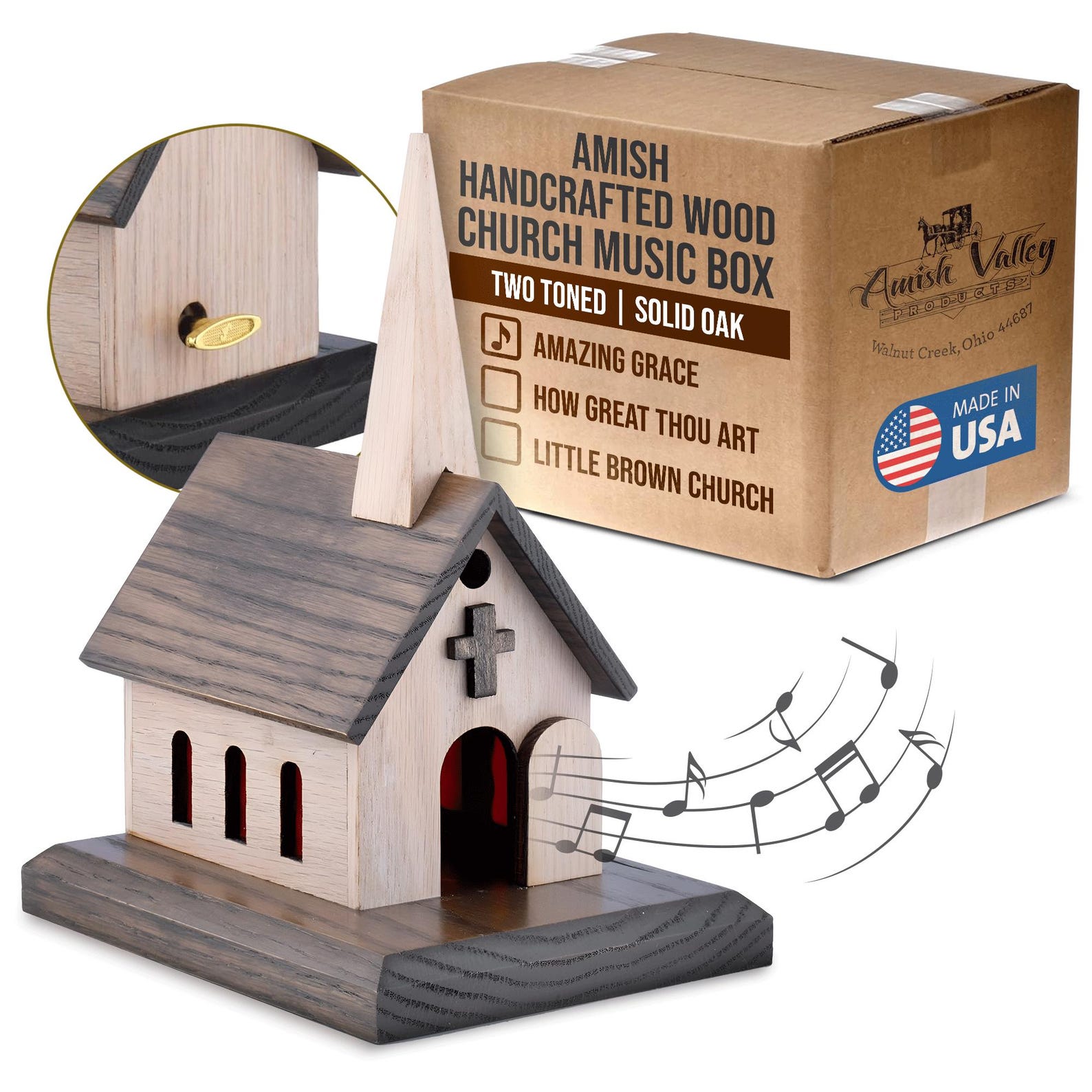 Amish Handcrafted Wood Church Music Box Solid Oak, Two-toned Wood ...