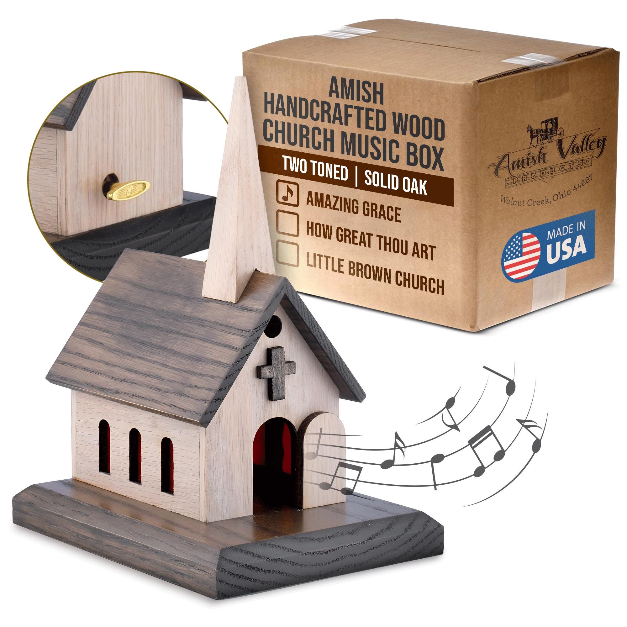 Amish Handcrafted Wood Church Music Box Solid Oak, Two-toned Wood ...