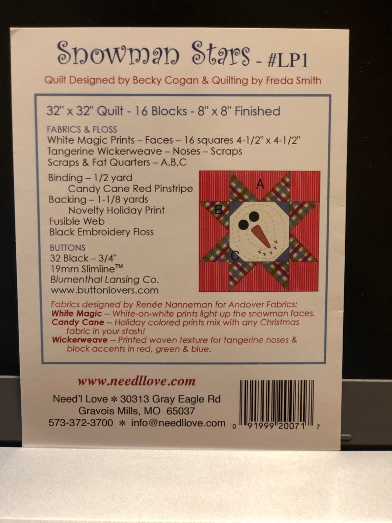 Snowman Stars Quilt Pattern #LP1 From Need'l Love Designed by Becky ...
