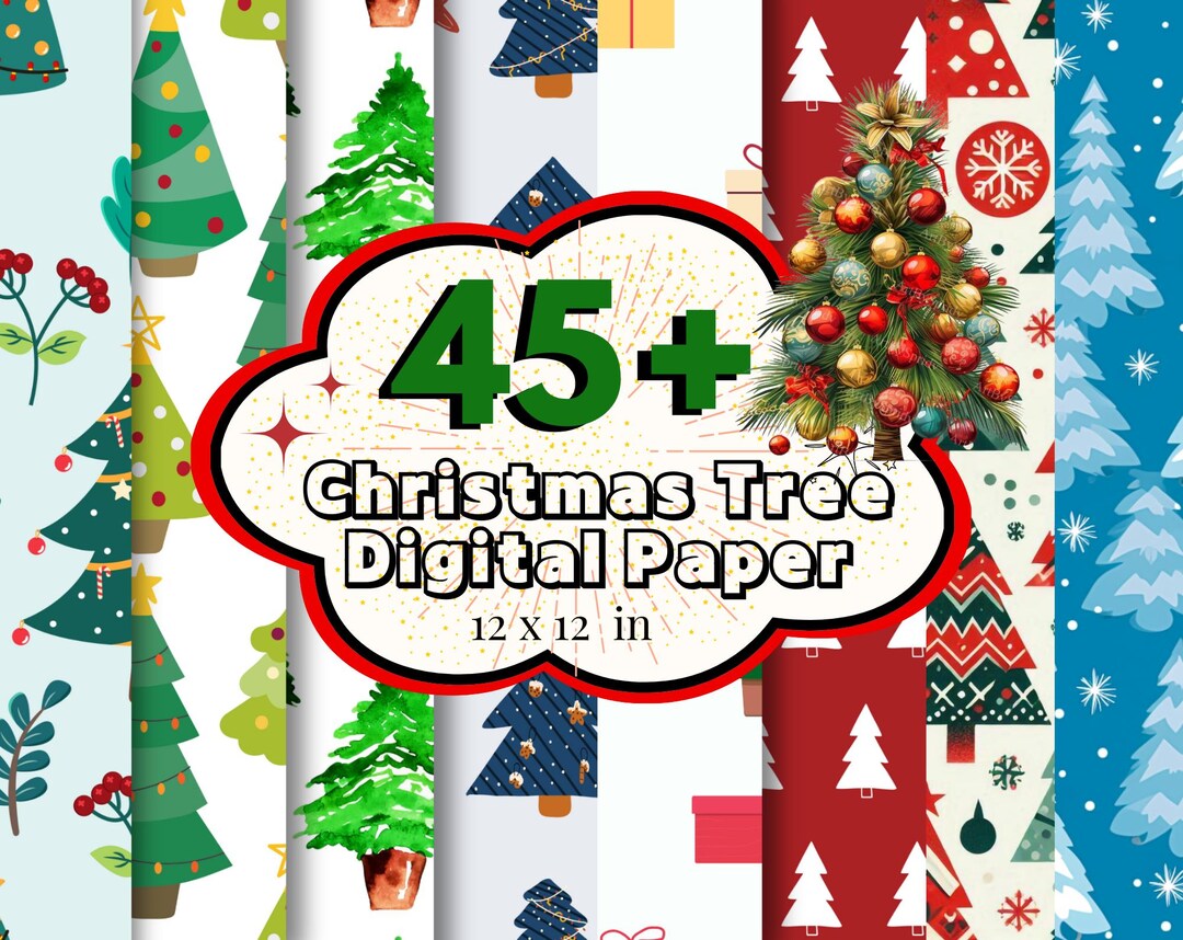 45 + Christmas Tree Digital Paper Pack, Xmas Holiday Seamless Pattern ...
