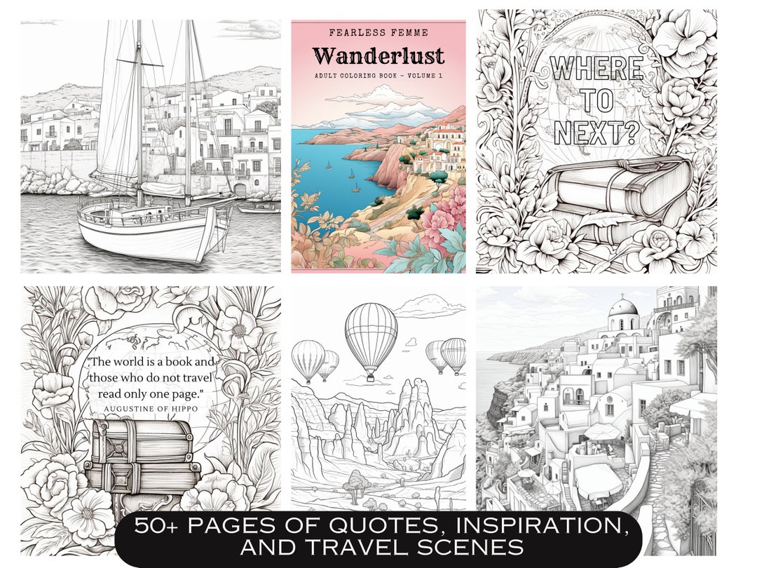 Wanderlust Adult Coloring Book Printables, Travel Gift for Her, Digital ...