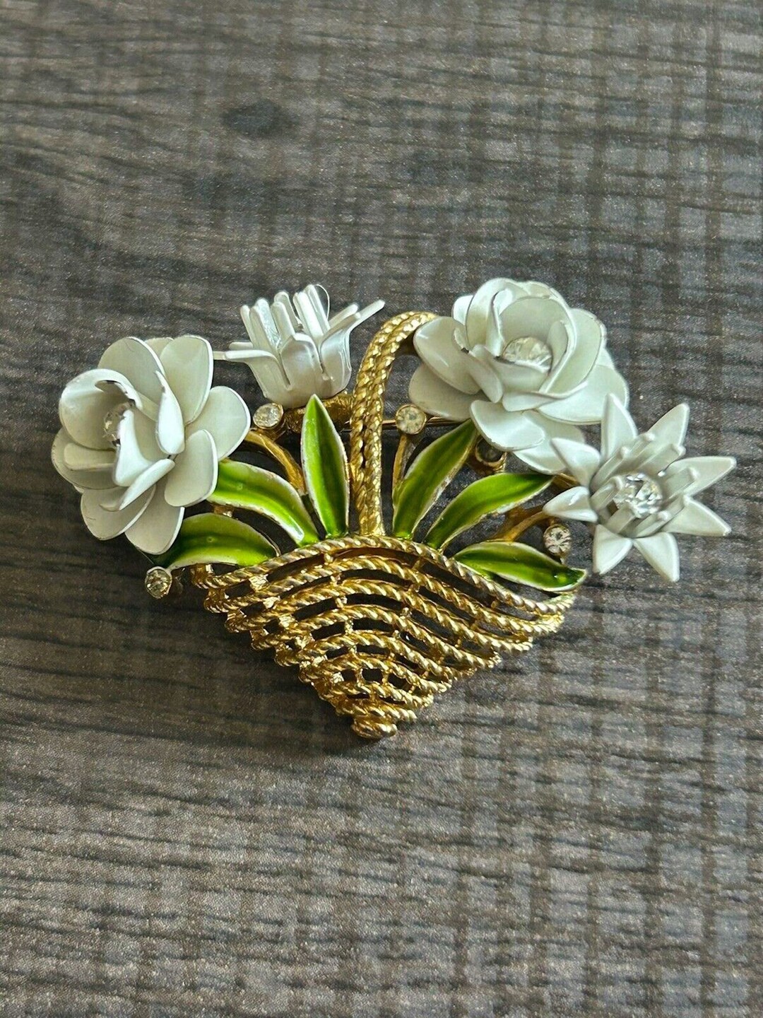 Rare CROWN TRIFARI Signed White Enamel Rose Flowers in Gold Plated ...