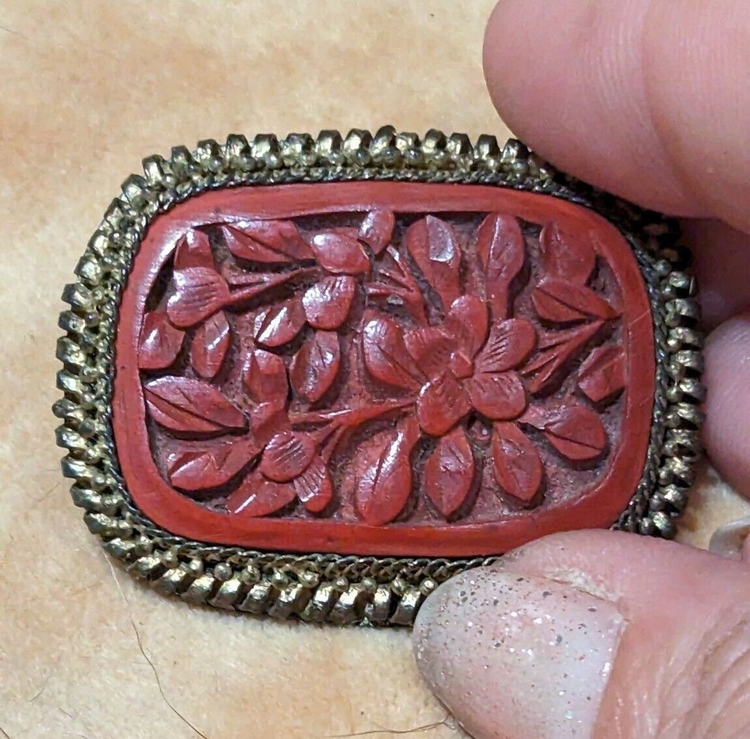 Antique Old CHINESE Import Signed China Hand Carved Red CINNABAR Floral ...