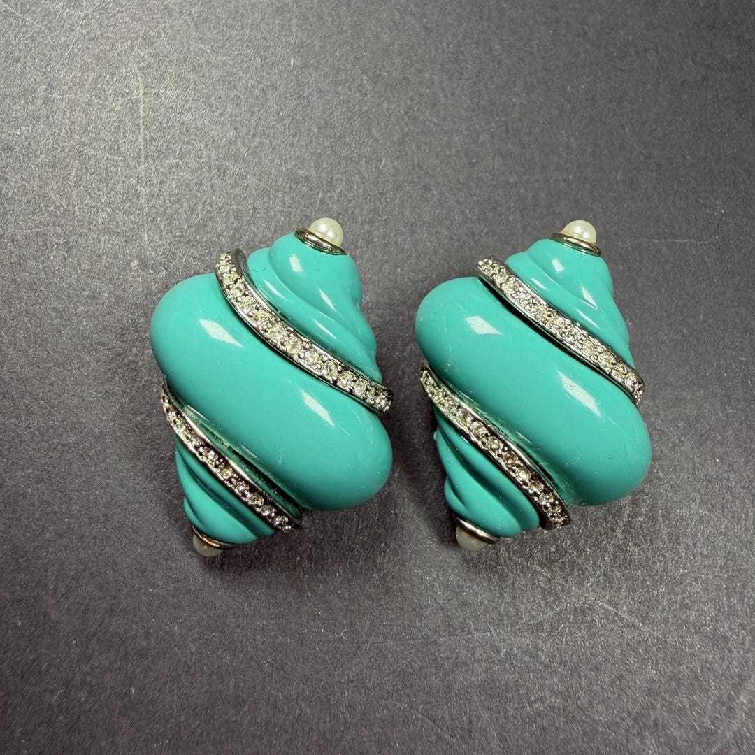 Kenneth Lane Signed Blue Turquoise Lucite Shell Clip Earrings W/ Bezel ...