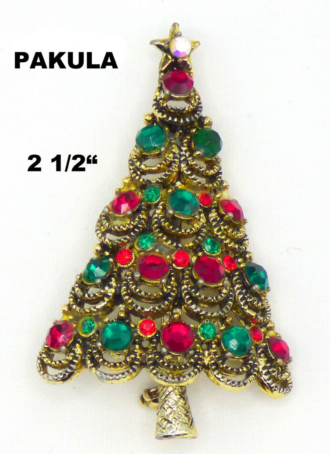 Vintage Signed PAKULA Lacy Red & Green Rhinestone Christmas Tree Brooch ...