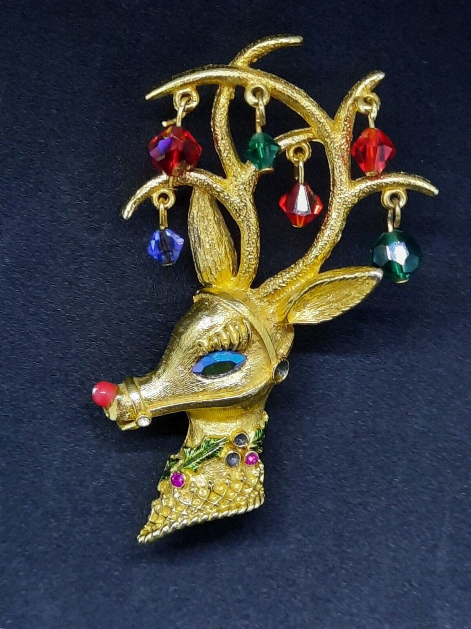 Vintage MYLU Signed Dangling Jewel Tree Gold Tone Reindeer Very Ornate ...