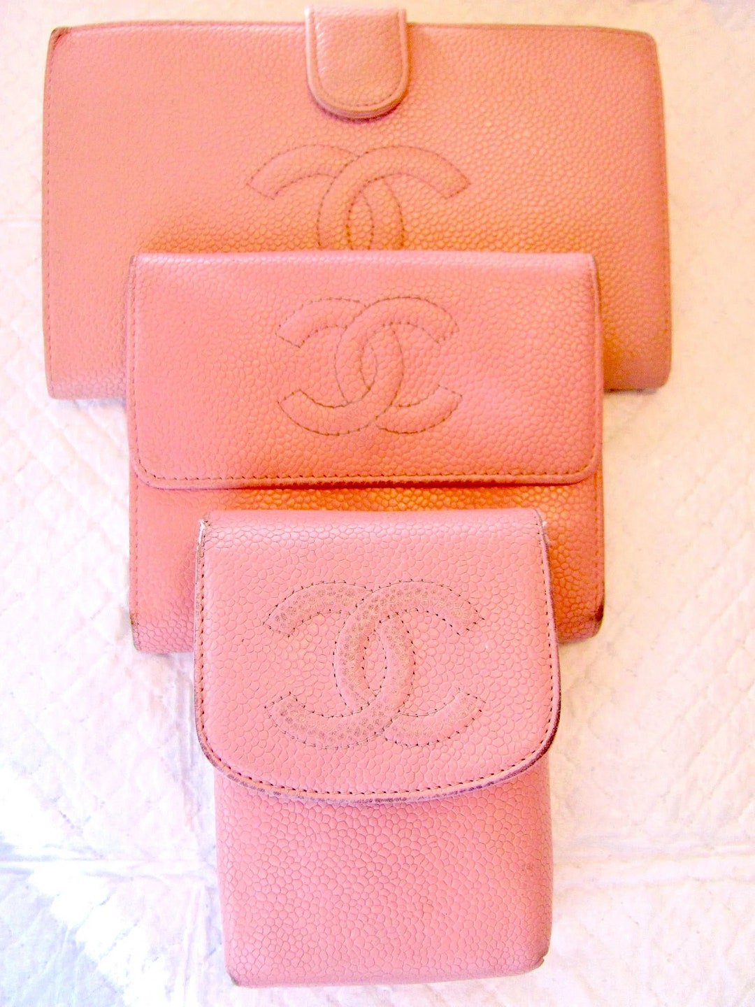 Auth. CHANEL Purse Wallet Set 3 Pcs. Pink Caviar Leather CC Logo Clutch ...