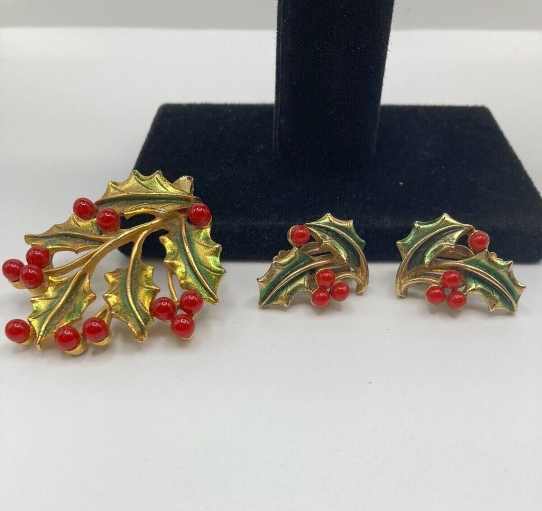 Mid Century JJ Jonette Jewelry Set Red Holly Berries Holiday Christmas ...