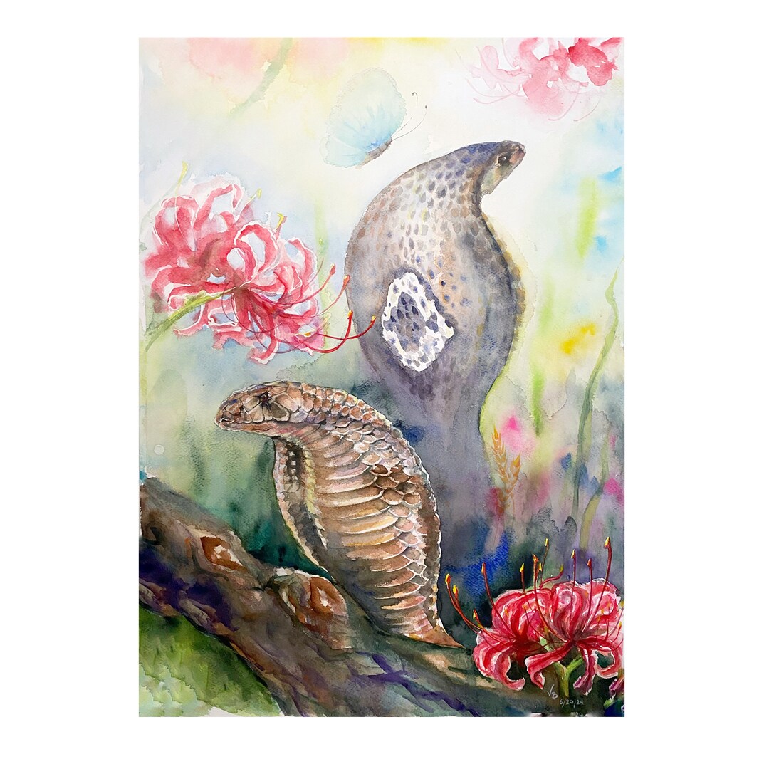 Cobras and Red Spider Lily Flowers. Original Watercolor Painting ...