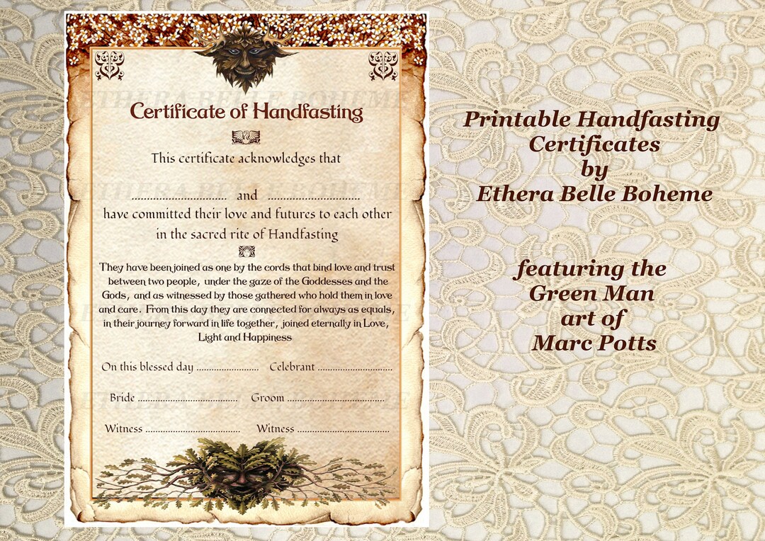 A4 Printable Handfasting Certificate Green Man Medieval, Wiccan Wedding ...