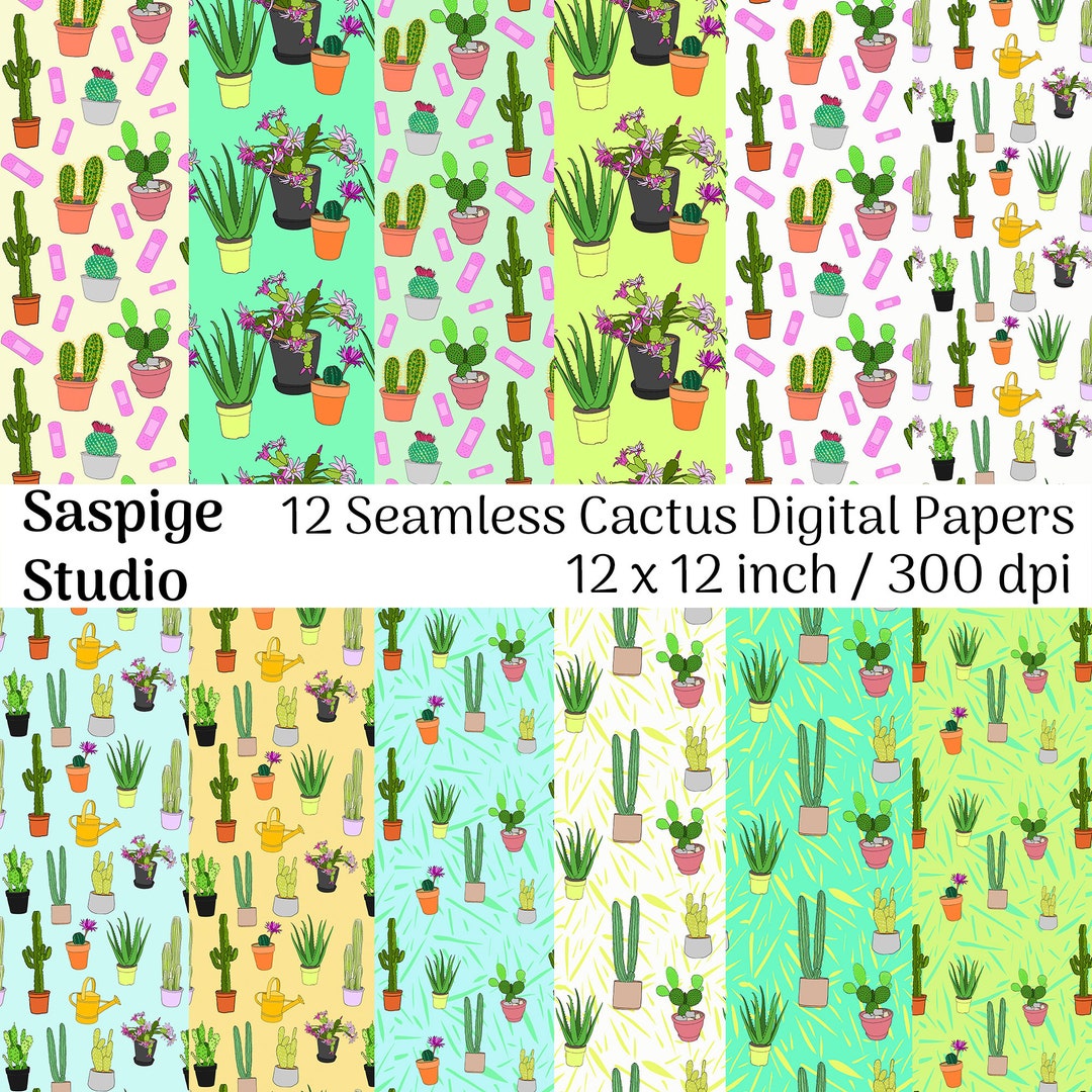 Seamless Cactus Digital Paper Bundle - Illustrated Plant Scrapbook ...
