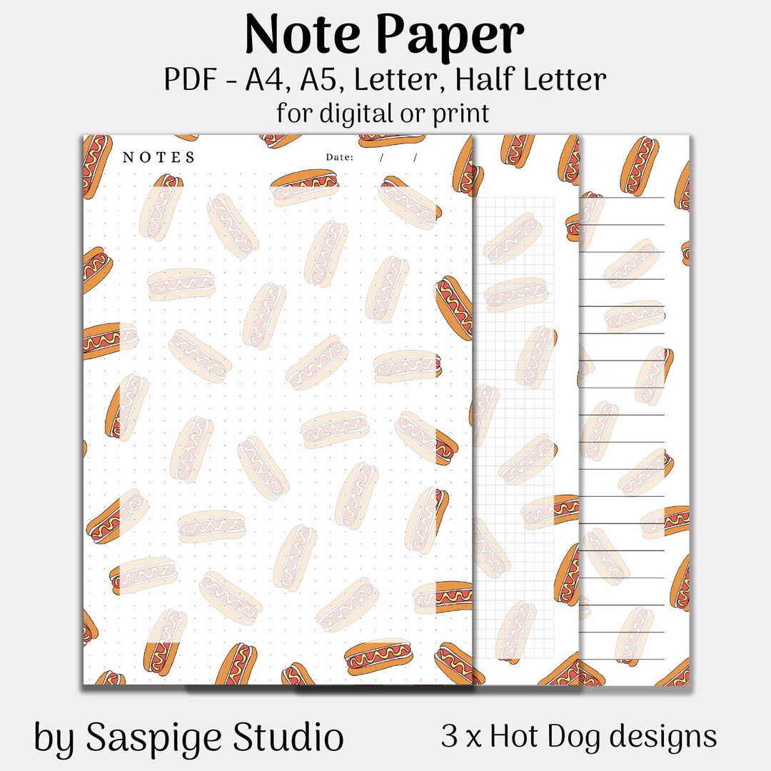 Hotdog Note Paper Cute Digital Planner Insert Filofax - Etsy