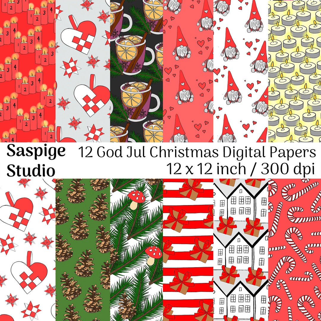 Scandi Christmas Digital Paper Bundle Hygge Illustrated Scrapbook Paper ...