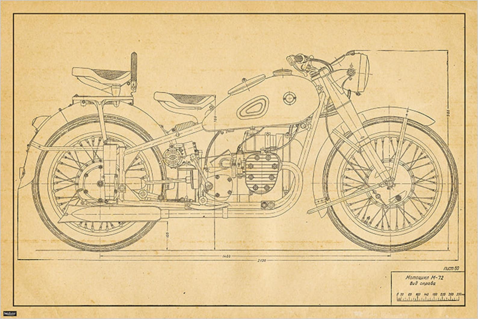 Decorative Vintage Motorcycle Blueprint Engineering Technical Drawing ...