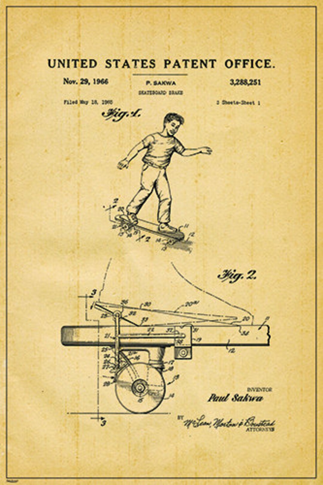 1966 Skateboard Brake US Patent Blueprint Engineering Technical Drawing ...
