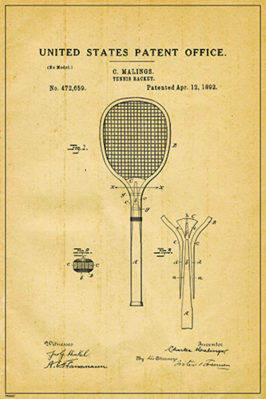 1892 Tennis Racket US Patent Blueprint Engineering Technical Drawing ...