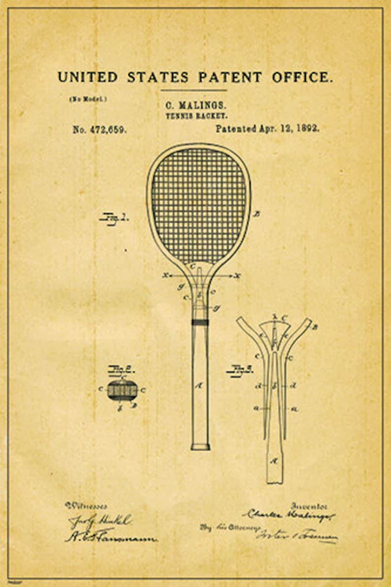 1892 Tennis Racket US Patent Blueprint Engineering Technical Drawing ...