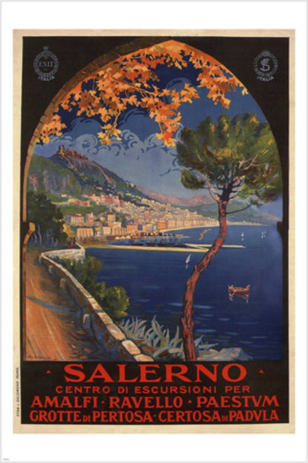 European 1926 Retro Art Decorative Salerno Italy Vintage Tourism Travel ...