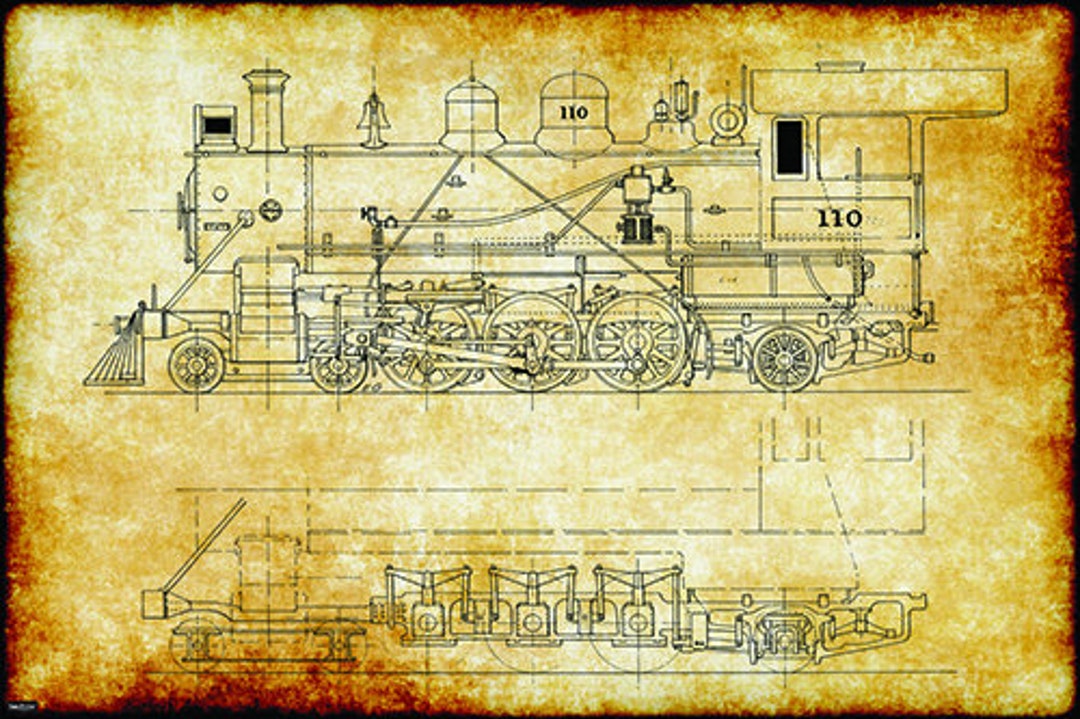 Retro Vintage Locomotive Train Engineering Technical Drawing Schematic ...