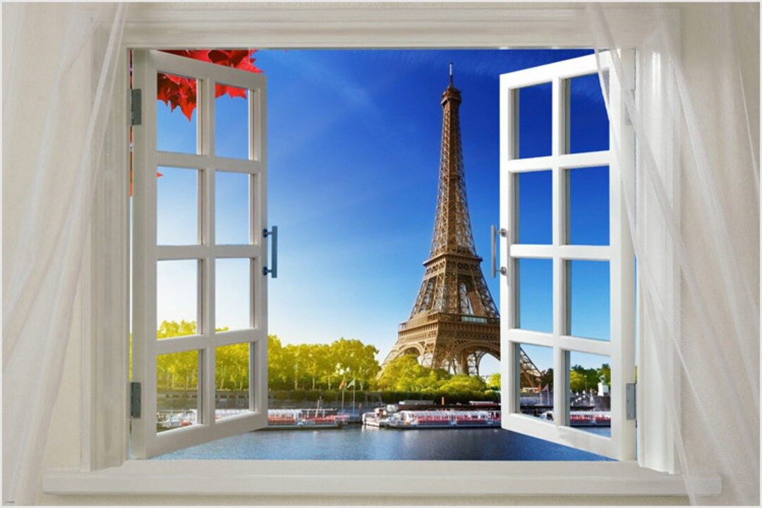 Decorative Scenic Open Window View Onto Paris Eiffel Tower River Boats ...