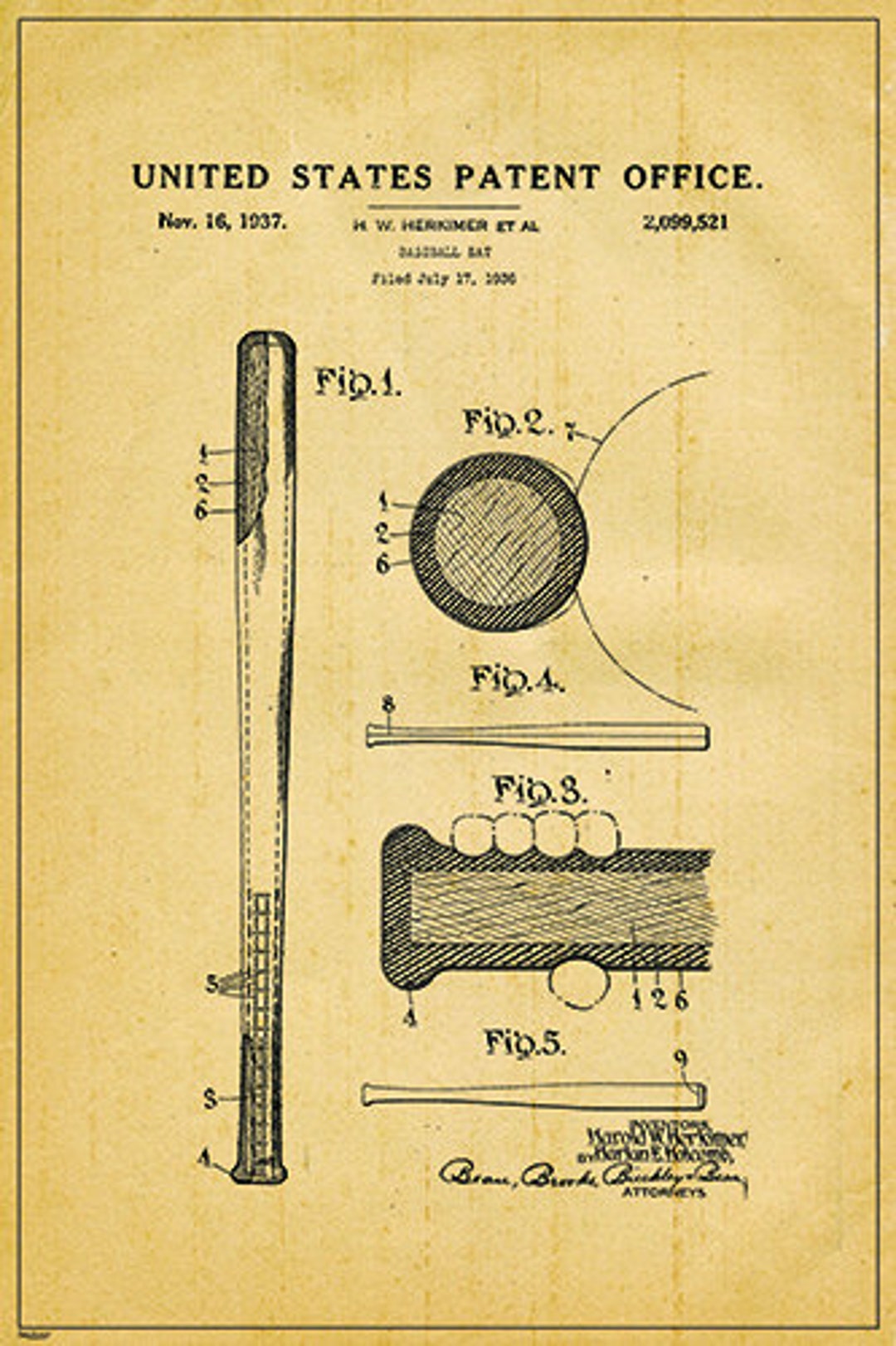 1936 Baseball Bat US Patent Blueprint Engineering Technical Drawing ...