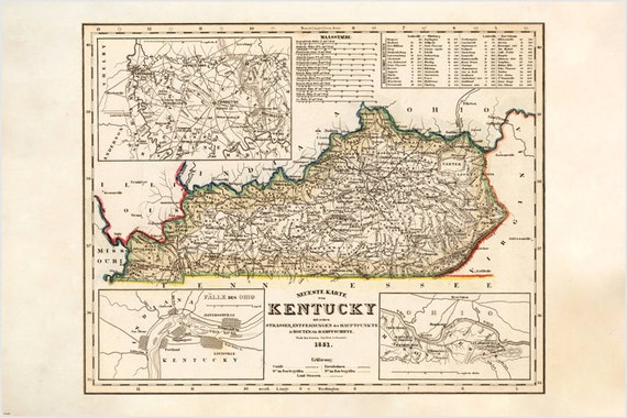 Decorative Detailed Historic 1851 Old Map of Kentucky Poster - Etsy