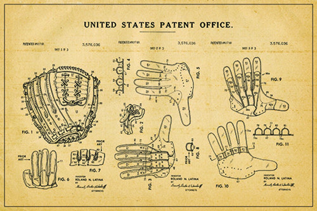 1971 Baseball Glove US Patent Blueprint Engineering Technical Drawing ...