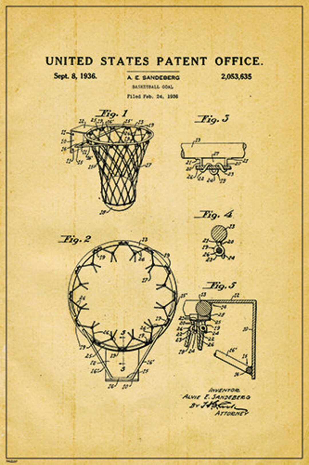 1936 Basketball Goal Hoop US Patent Blueprint Engineering Technical ...
