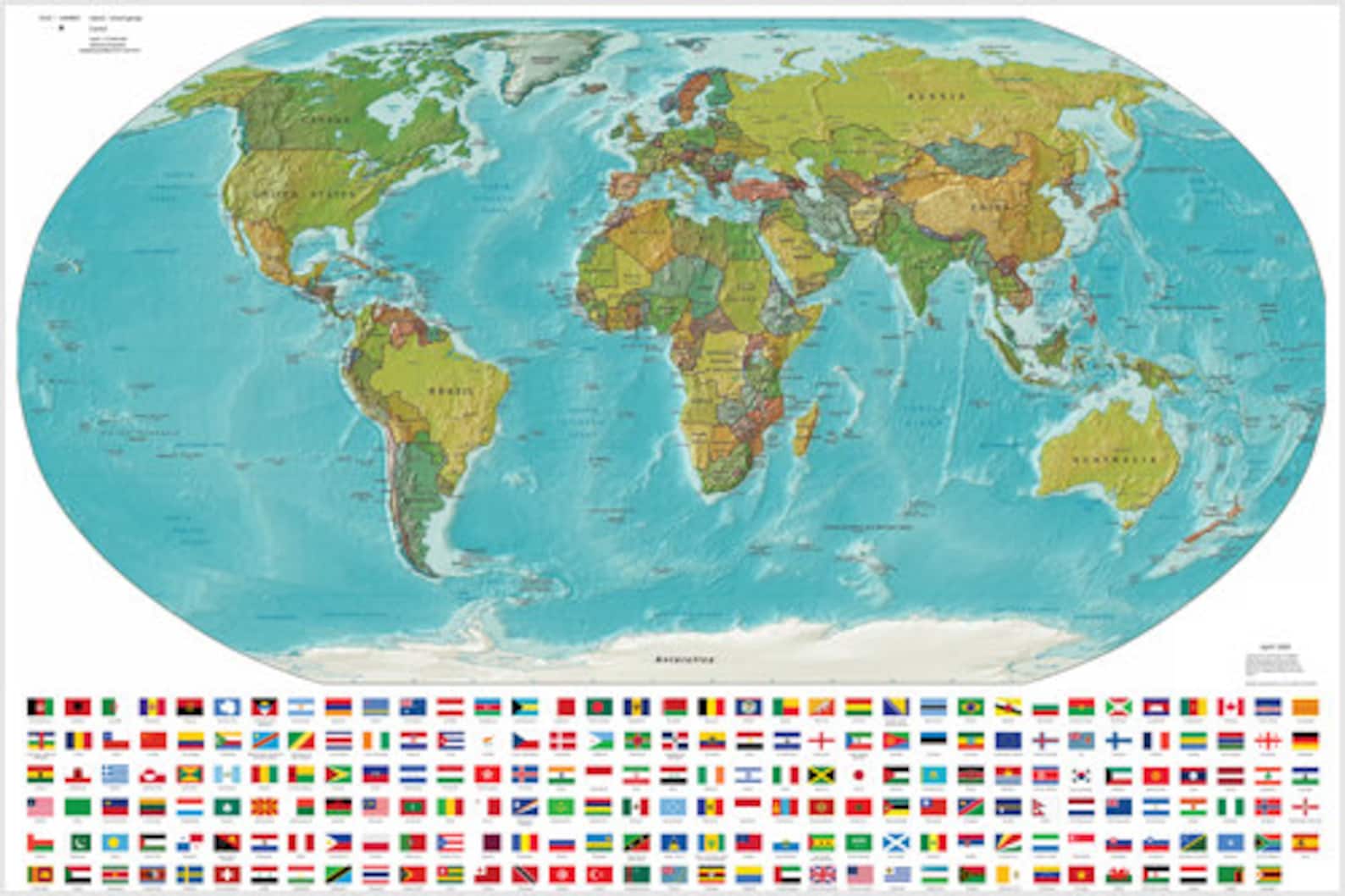 Detailed Geographic Land and Political World Map Showing Flags Poster ...