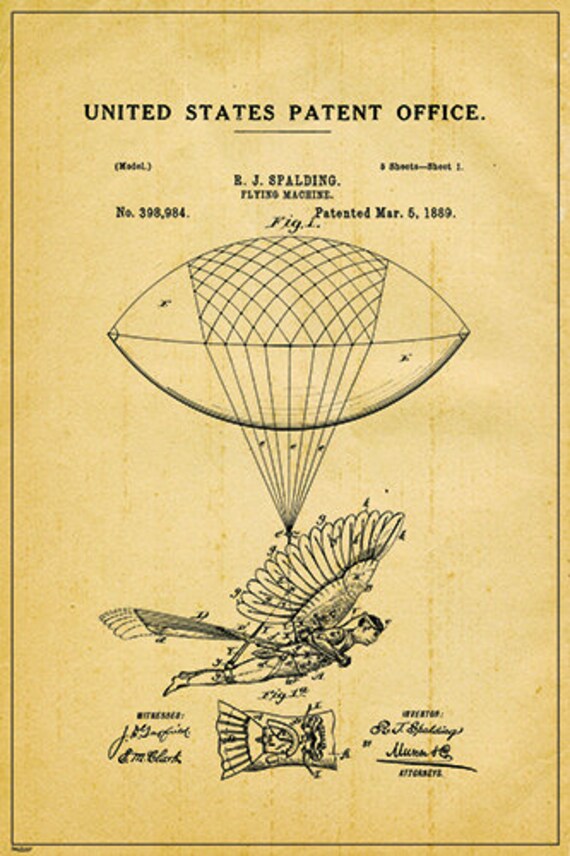 1889 Flying Machine US Patent Blueprint Engineering Technical | Etsy