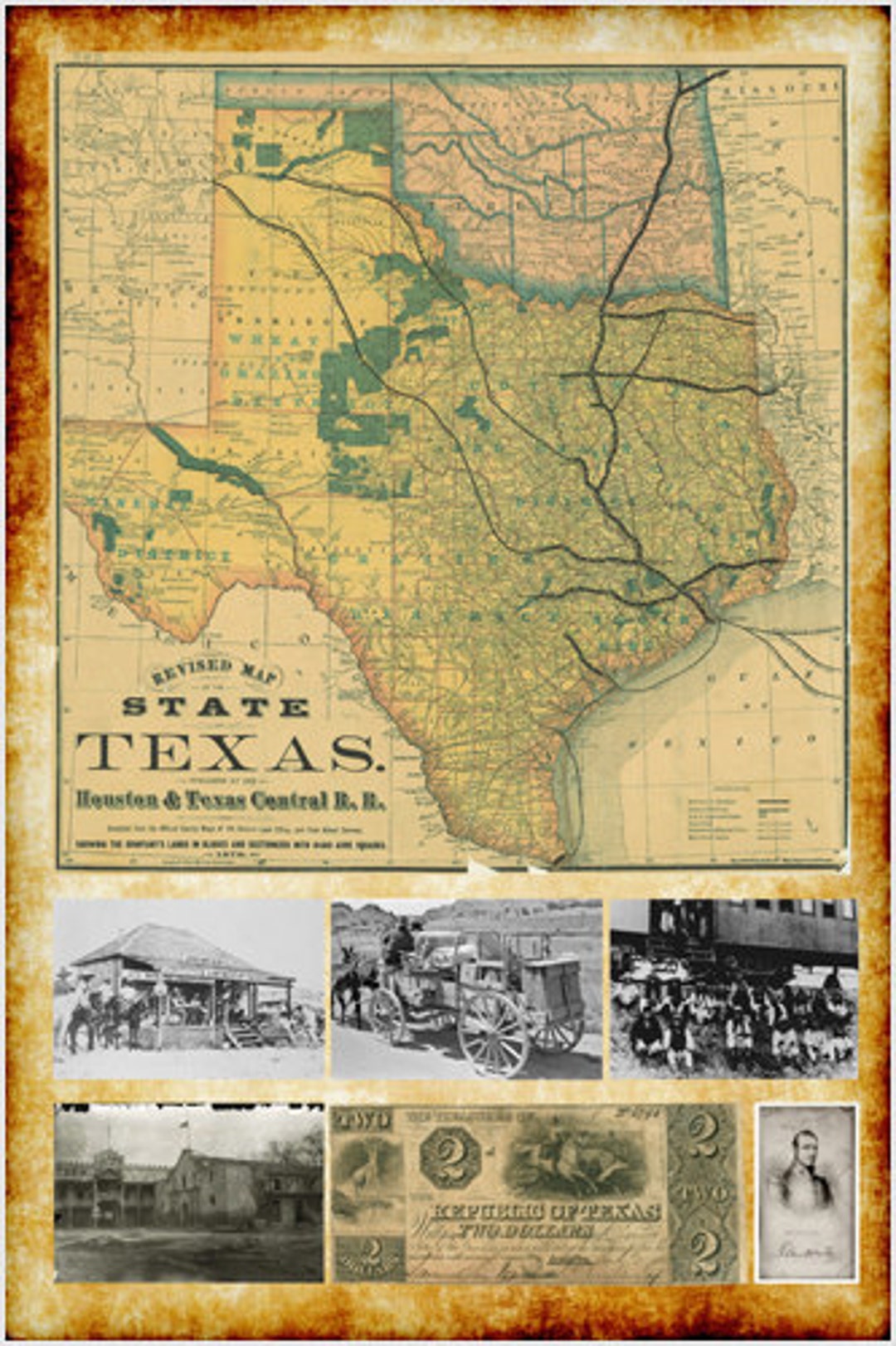 1876 Republic of Texas Map With Vintage Historical Pictures Poster Art ...