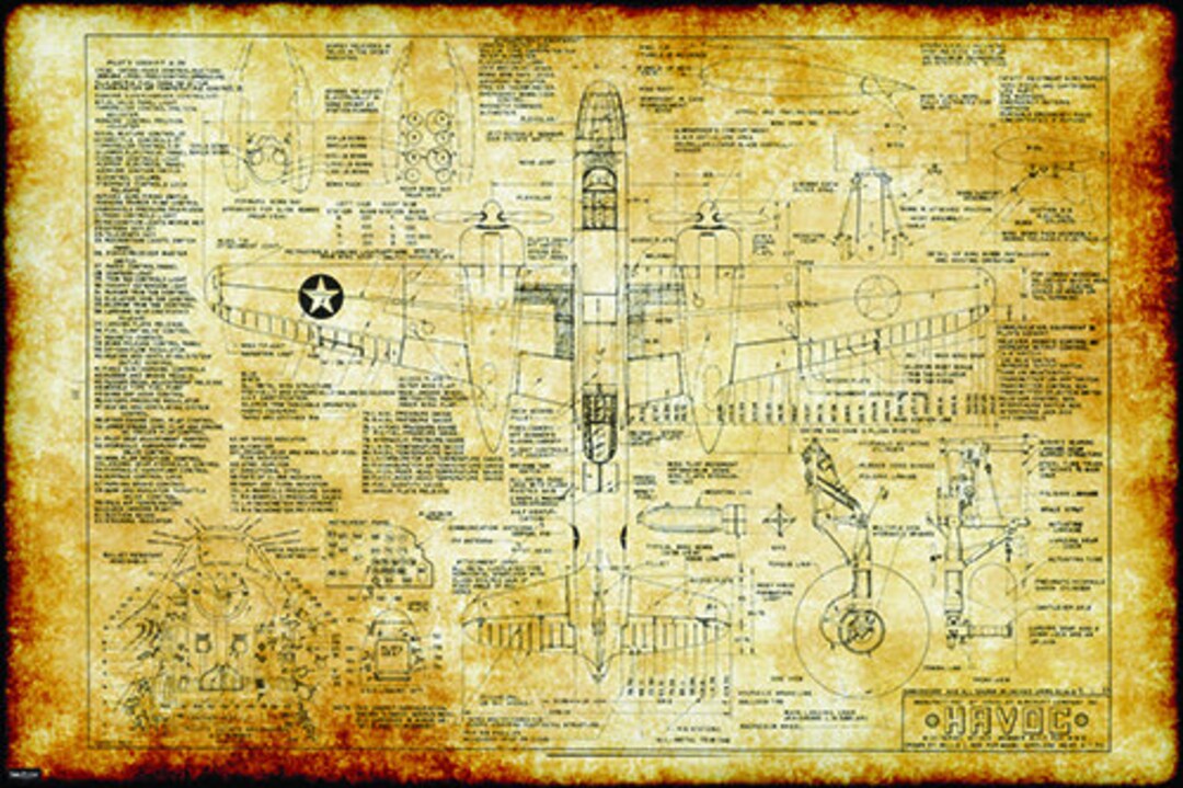 Retro Vintage Aircraft Engineering Technical Drawing Schematic Home ...