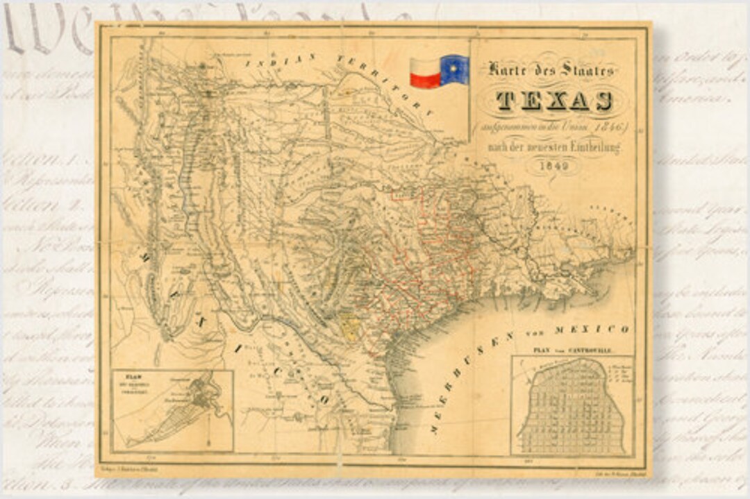 1849 Historic Map of Republic of Texas Poster German Topographic Art ...