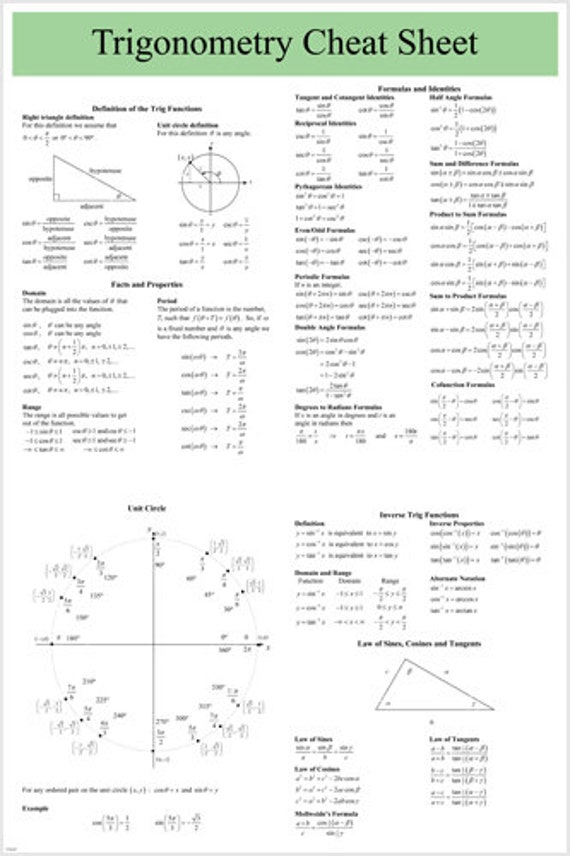 Trigonometry Educational Aid Cheat Sheet Poster Useful User - Etsy Trigonometry Educational Aid Cheat Sheet Poster Useful User - Etsy