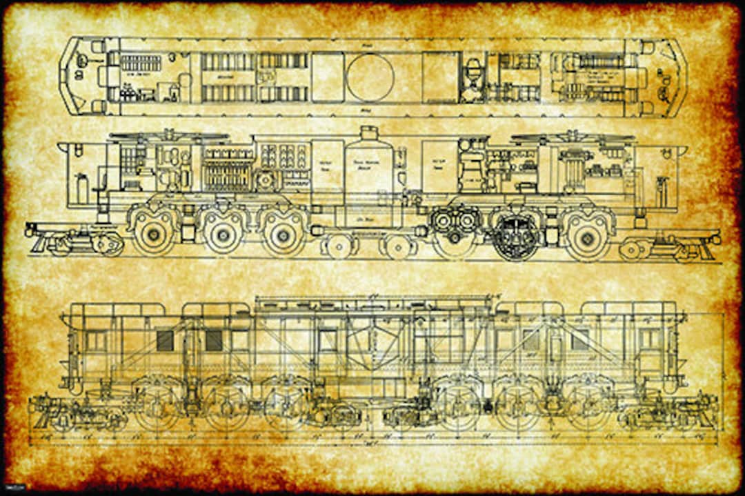 Retro Vintage Train Engineering Technical Drawing Schematic Home Decor ...