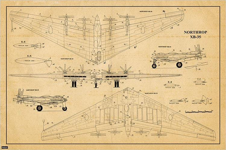 XB-35 War Plane Blueprint Engineering Technical Drawing Schematic Home ...