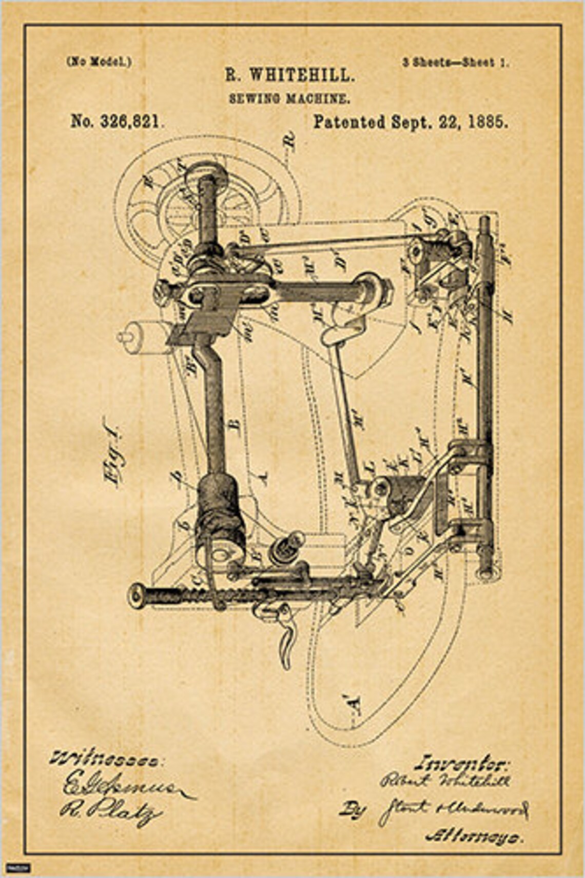 1885 Sewing Machine US Patent Blueprint Engineering Technical Drawing ...