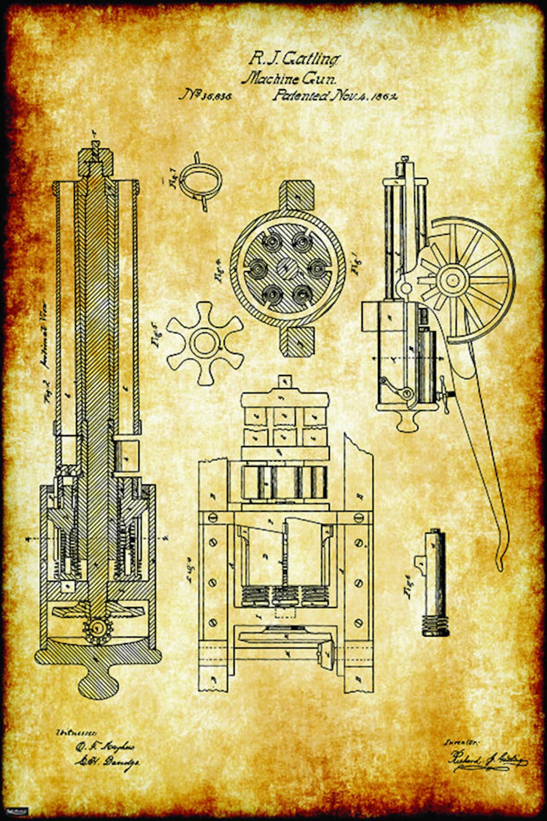 1862 Revolver Machine Gun Patent Technical Drawing Schematic Home Decor ...