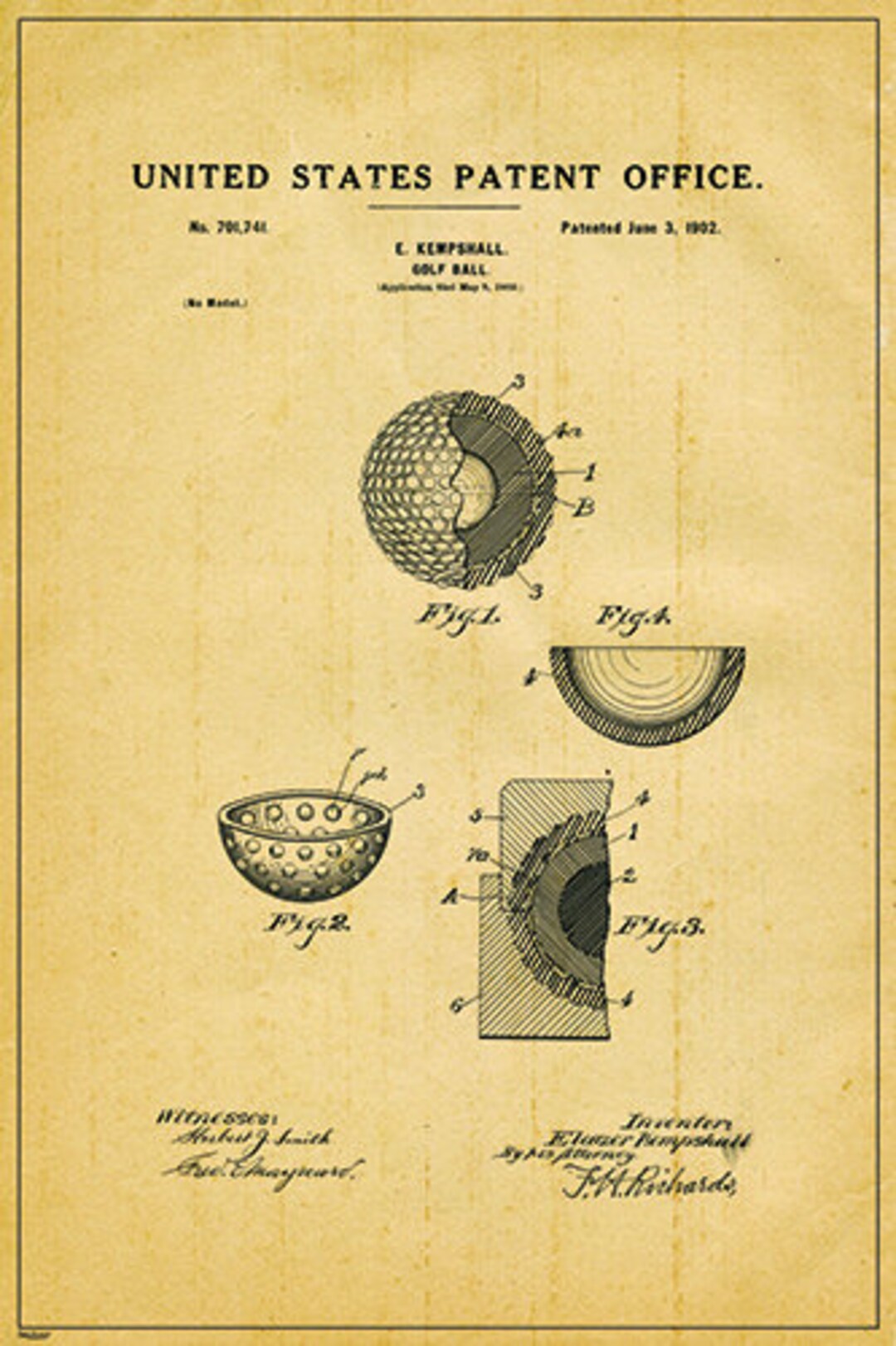 1902 Golf Ball US Patent Blueprint Engineering Technical Drawing ...