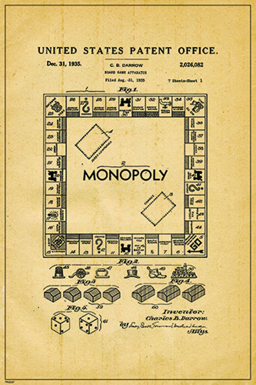 1935 Monopoly Board Game Apparatus US Patent Blueprint Engineering ...