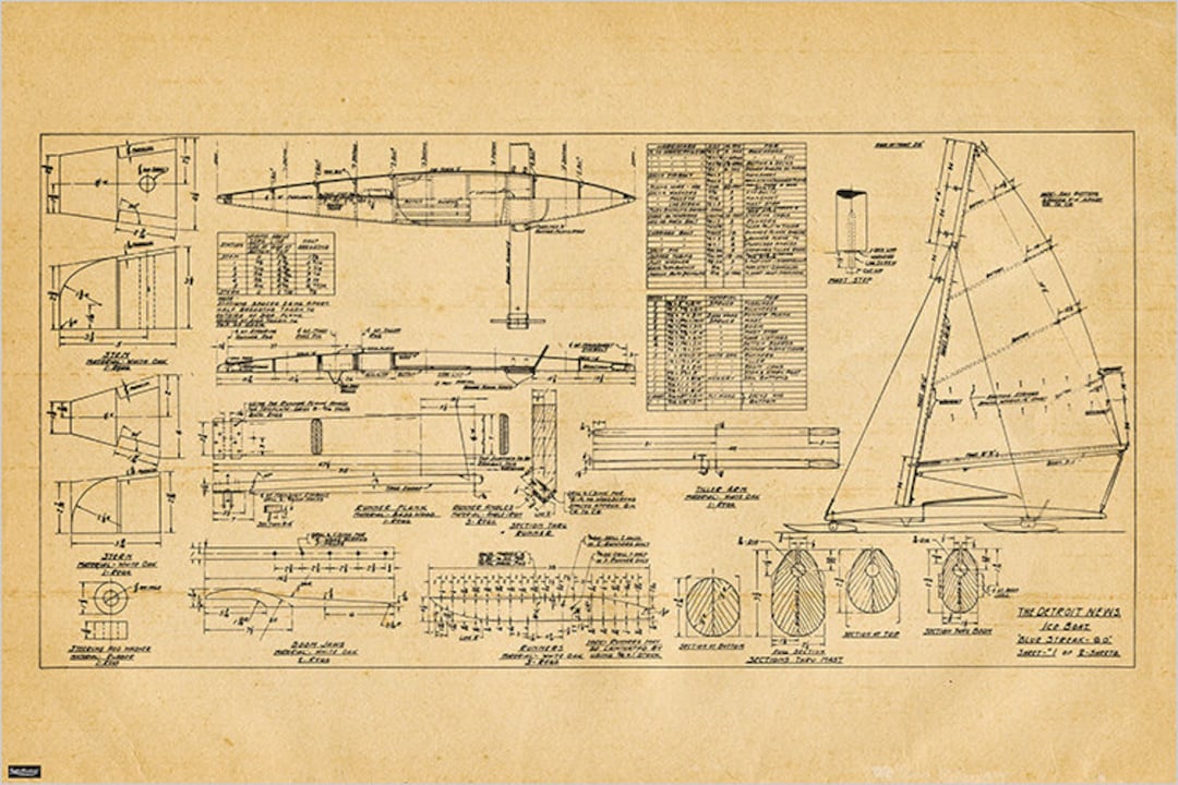 Retro Sailboat Blueprint Engineering Technical Drawing Schematic Home ...
