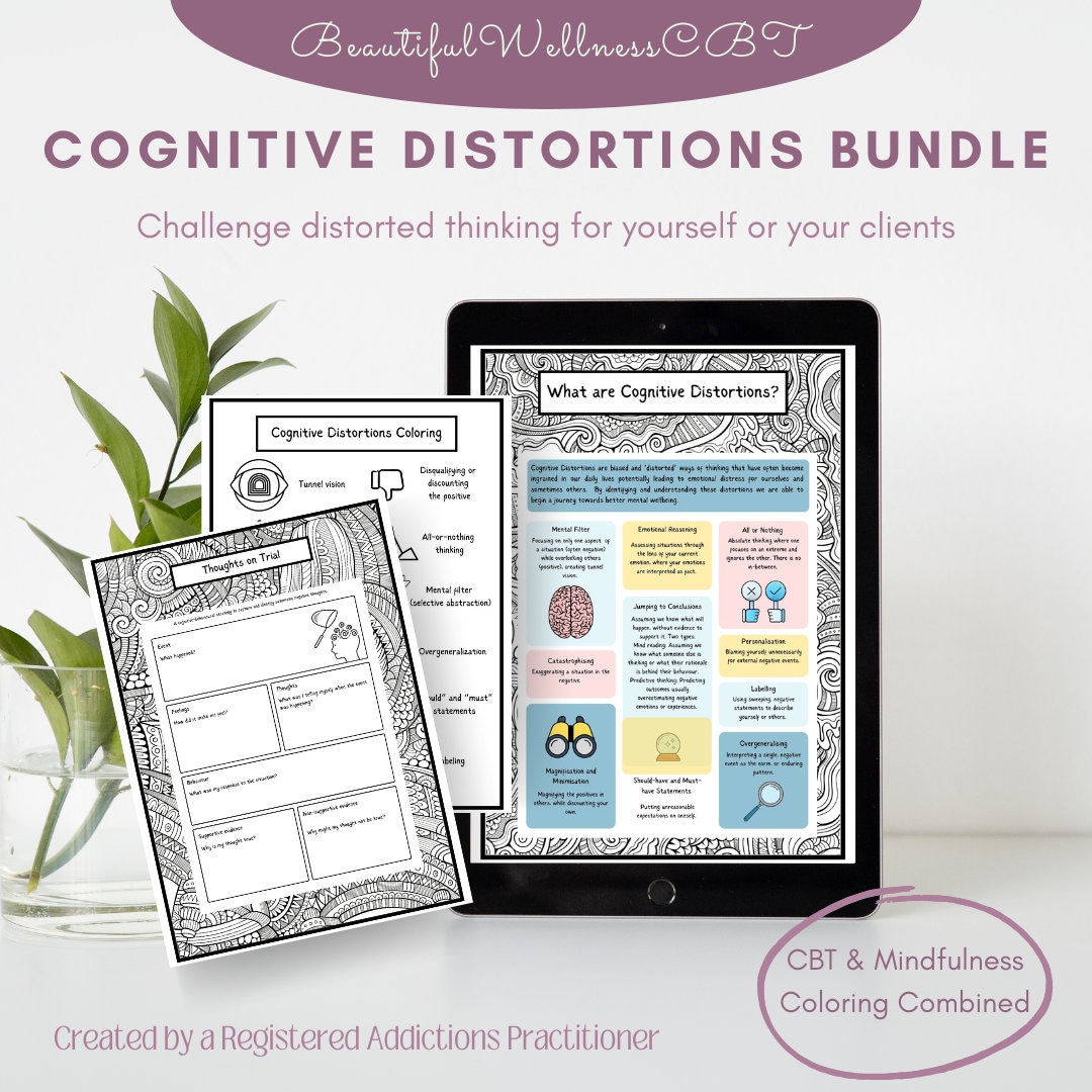 CBT Worksheets Cognitive Distortions Bundle Within Mindfulness Coloring ...