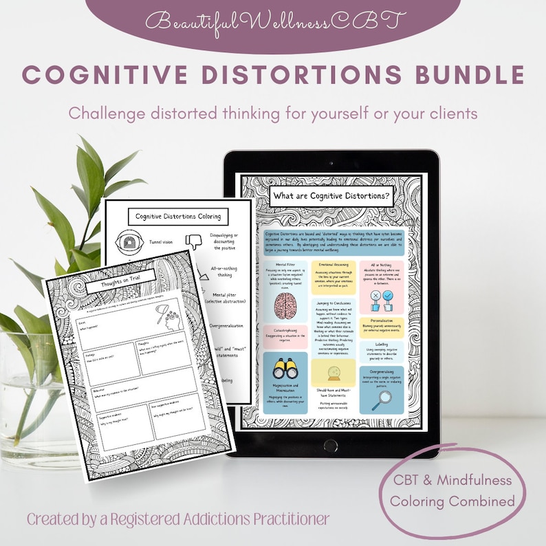 CBT Worksheets Cognitive Distortions Bundle Within Mindfulness Coloring ...