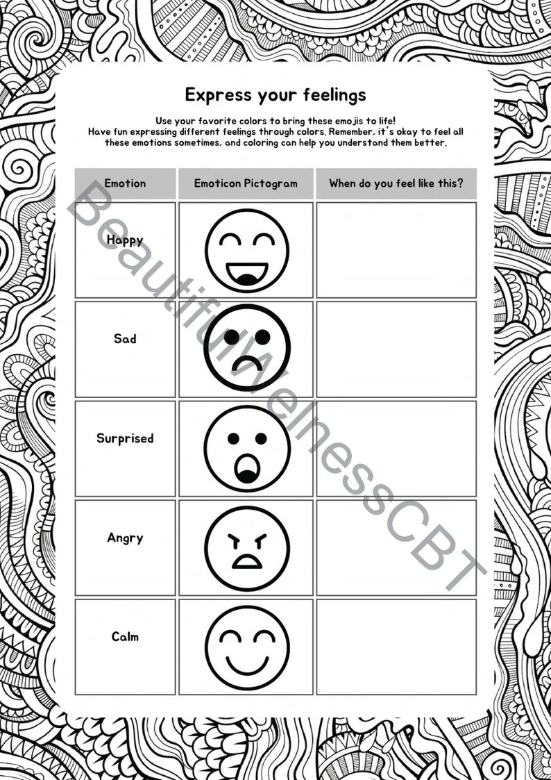 CBT Worksheets for Children Feelings and Emotions Mindfulness Coloring ...