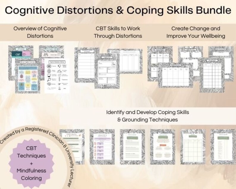 CBT Worksheets Cognitive Distortions and Coping Skills Worksheet Bundle ...